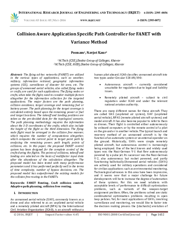 (PDF) Collision Aware Application Specific Path Controller for FANET with Variance Method