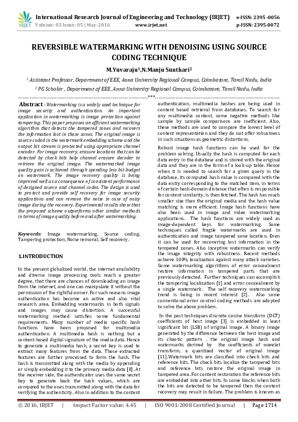 Pdf Reversible Watermarking With Denoising Using Source Coding Technique