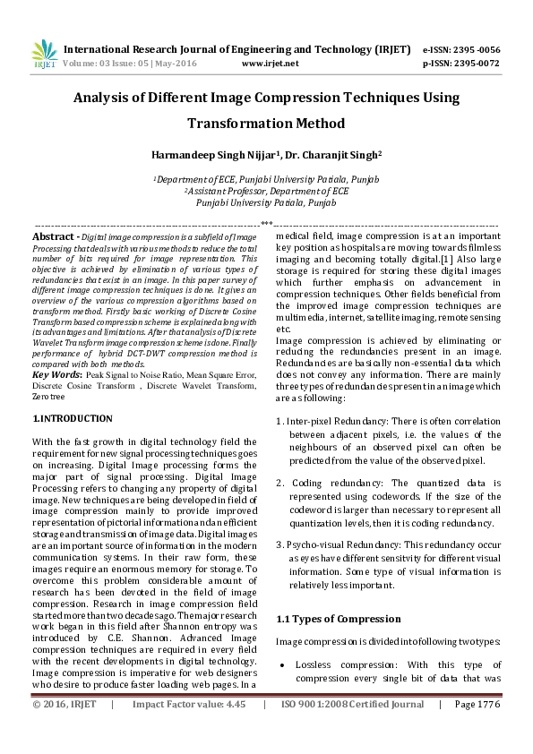 (PDF) Analysis of Different Image Compression Techniques Using Transformation Method