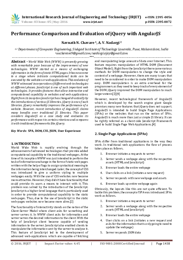 (PDF) Performance Comparison and Evaluation of jQuery with AngularJS