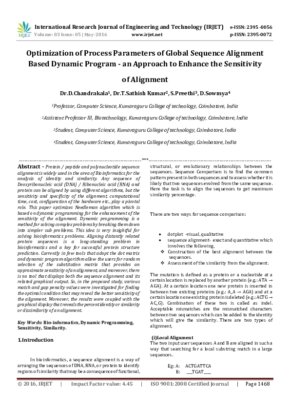 Pdf Optimization Of Process Parameters Of Global Sequence Alignment Based Dynamic Program An