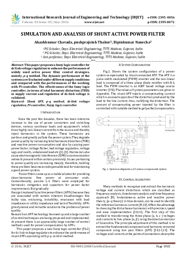Pdf Simulation And Analysis Of Shunt Active Power Filter
