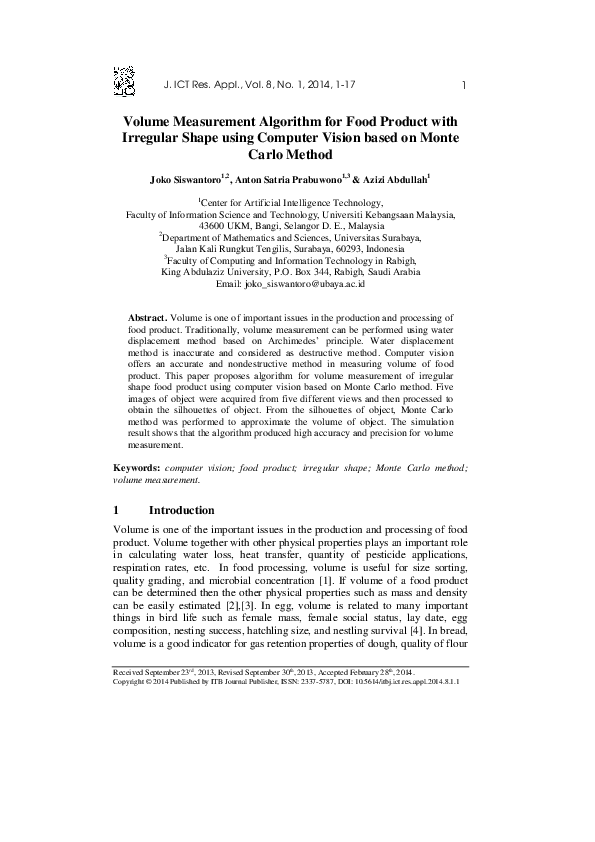 (PDF) Volume measurement algorithm for food product with irregular ...