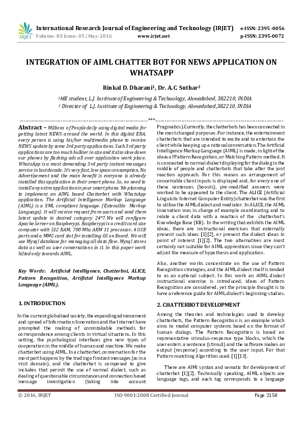 (PDF) INTEGRATION OF AIML CHATTER BOT FOR NEWS APPLICATION ON WHATSAPP