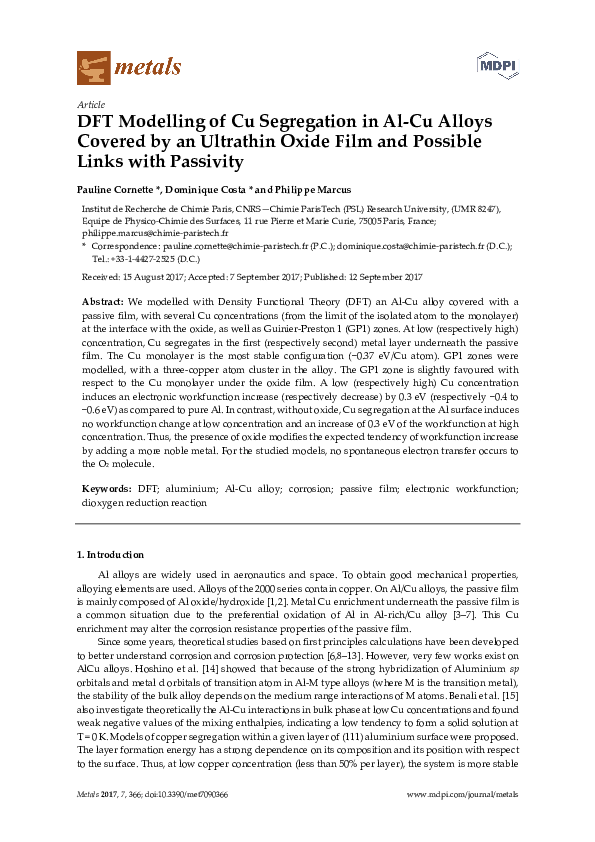 (PDF) DFT Modelling of Cu Segregation in Al-Cu Alloys Covered by an ...