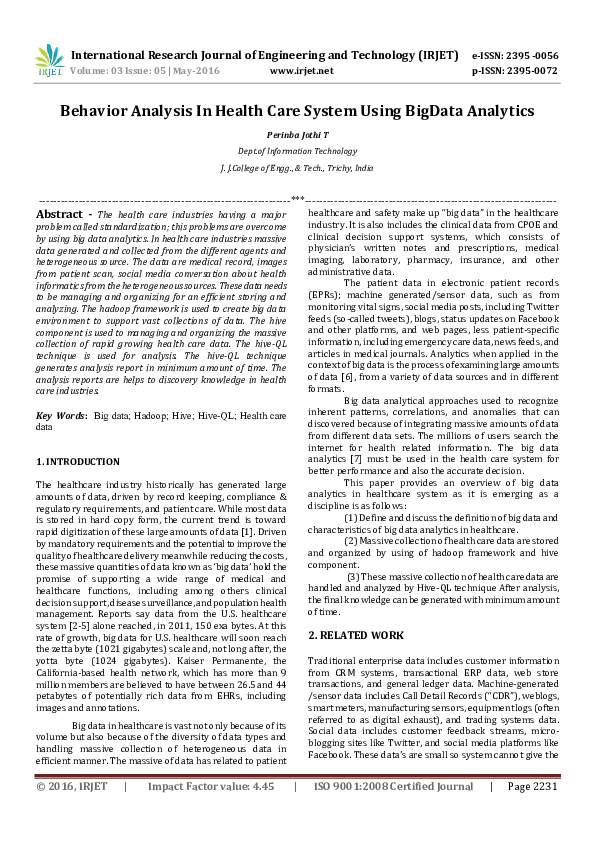 (PDF) Behavior Analysis In Health Care System Using BigData Analytics