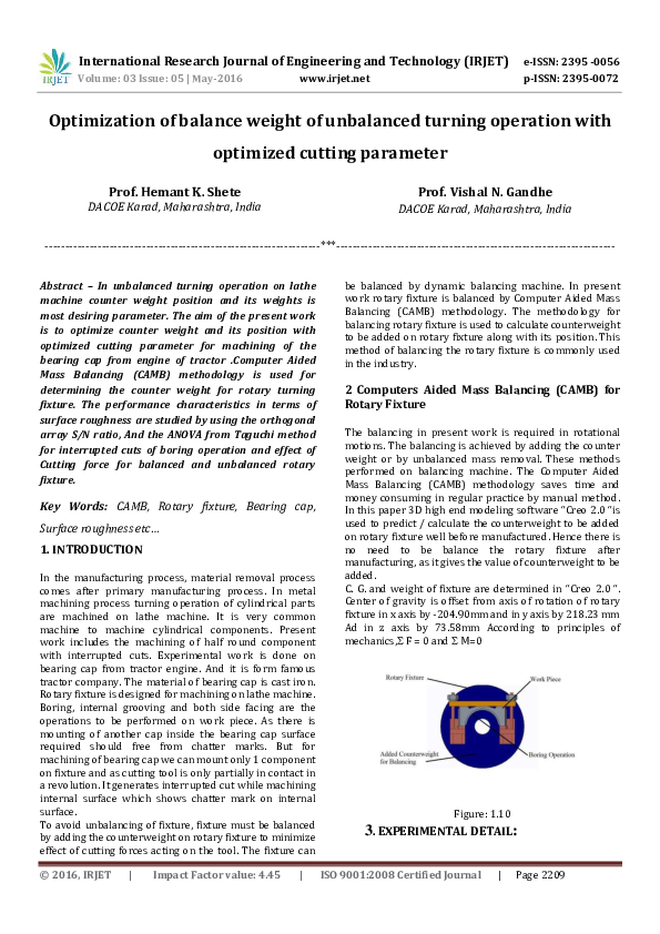 (PDF) Optimization of balance weight of unbalanced turning operation with optimized cutting ...