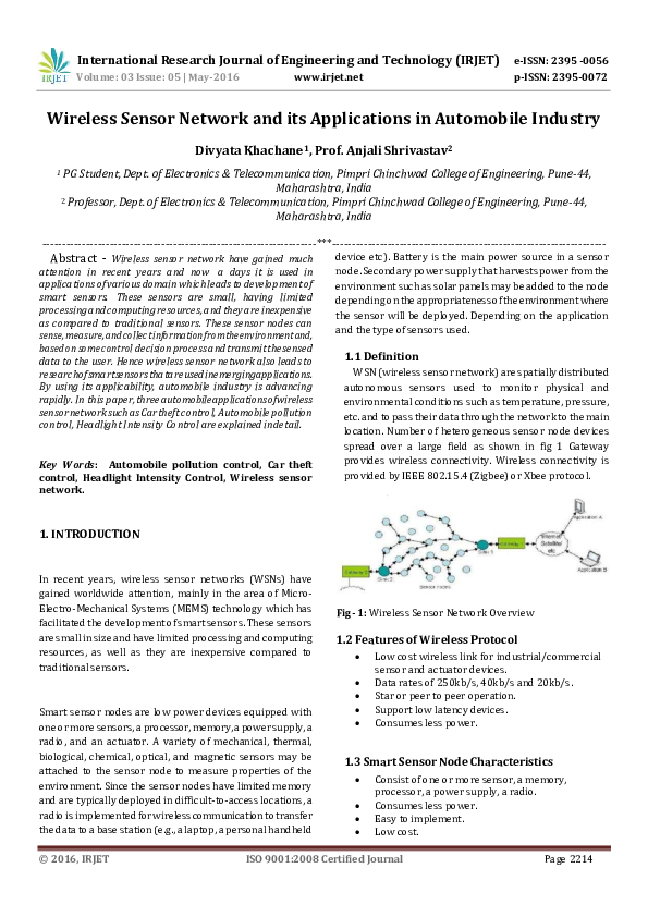 (PDF) Wireless Sensor Network and its Applications in Automobile Industry
