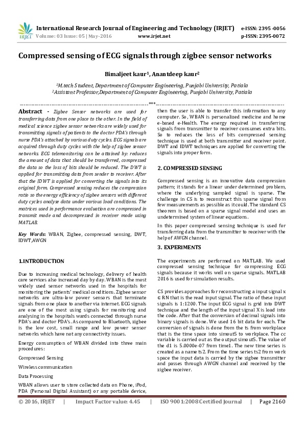 (PDF) Compressed sensing of ECG signals through zigbee sensor networks