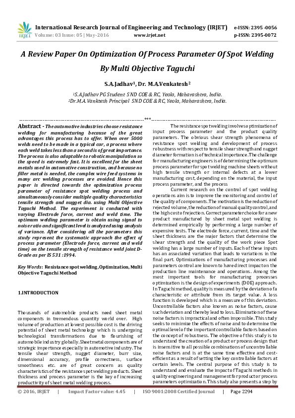 Pdf A Review Paper On Optimization Of Process Parameter Of Spot Welding By Multi Objective Taguchi
