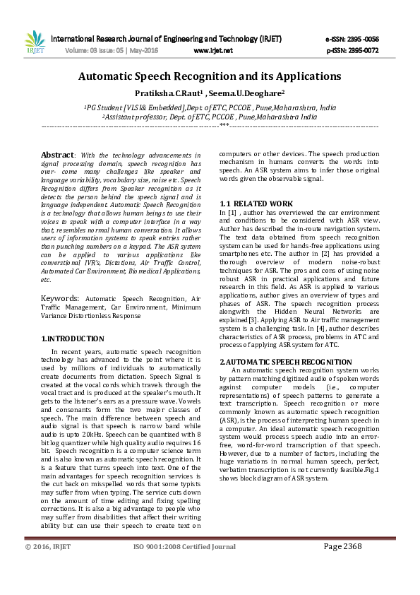 (PDF) Automatic Speech Recognition and its Applications