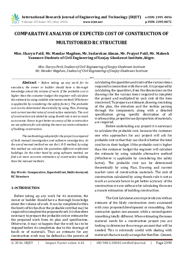 (PDF) COMPARATIVE ANALYSIS OF EXPECTED COST OF CONSTRUCTION OF MULTISTORIED RC STRUCTURE