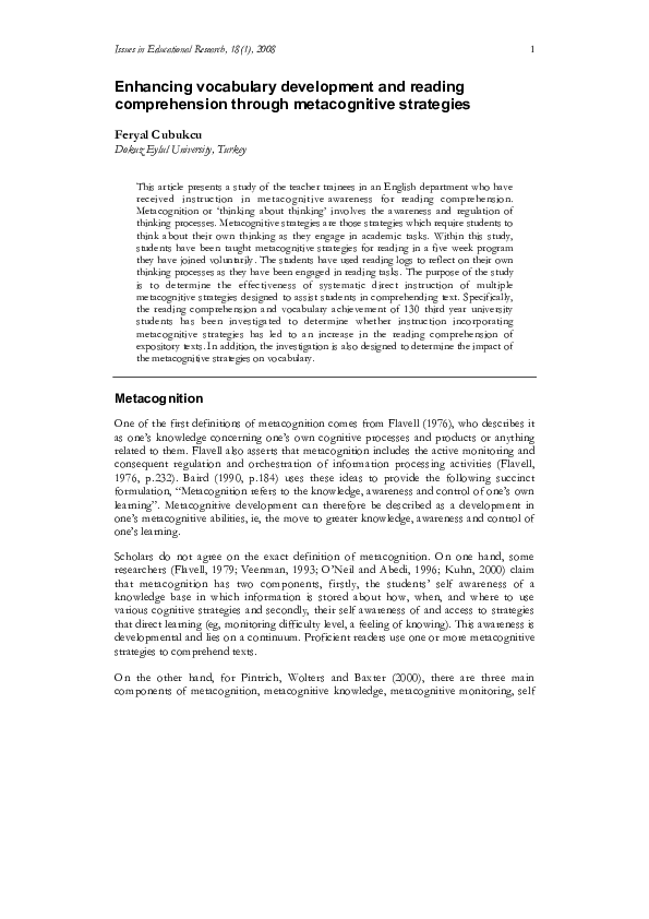 (PDF) Enhancing vocabulary development and reading comprehension through metacognitive strategies
