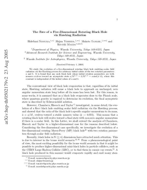 (PDF) The Fate of a Five-Dimensional Rotating Black Hole via Hawking ...
