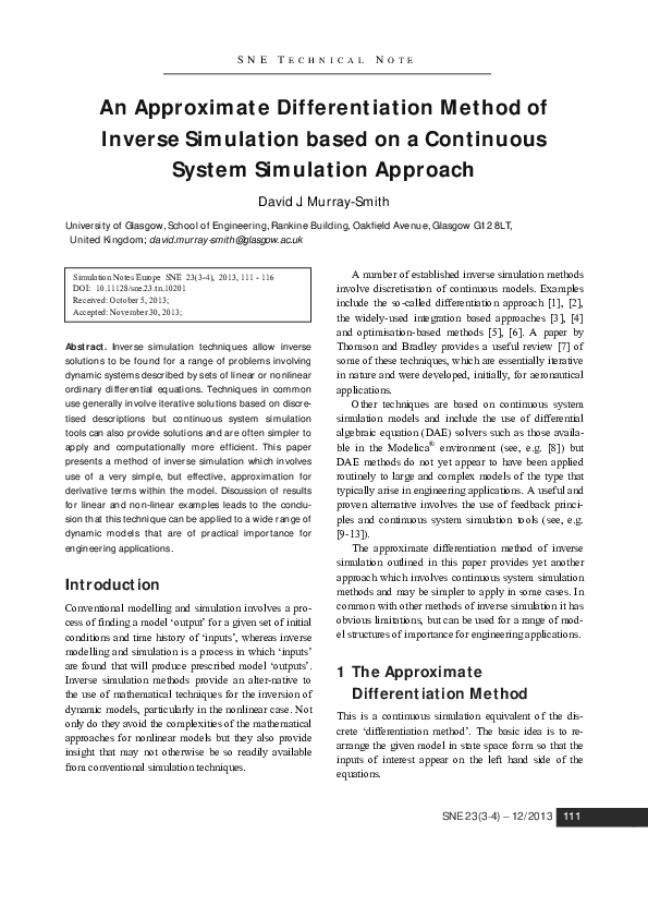 Pdf An Approximate Differentiation Method Of Inverse Simulation Based