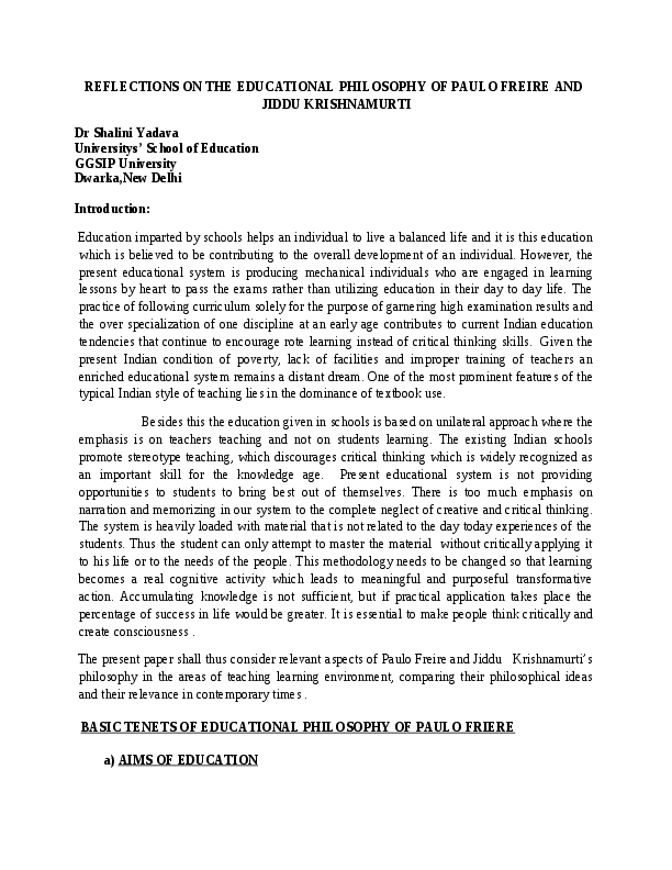 (PDF) REFLECTIONS ON THE EDUCATIONAL PHILOSOPHY OF PAULO FREIRE AND JIDDU KRISHNAMURTI