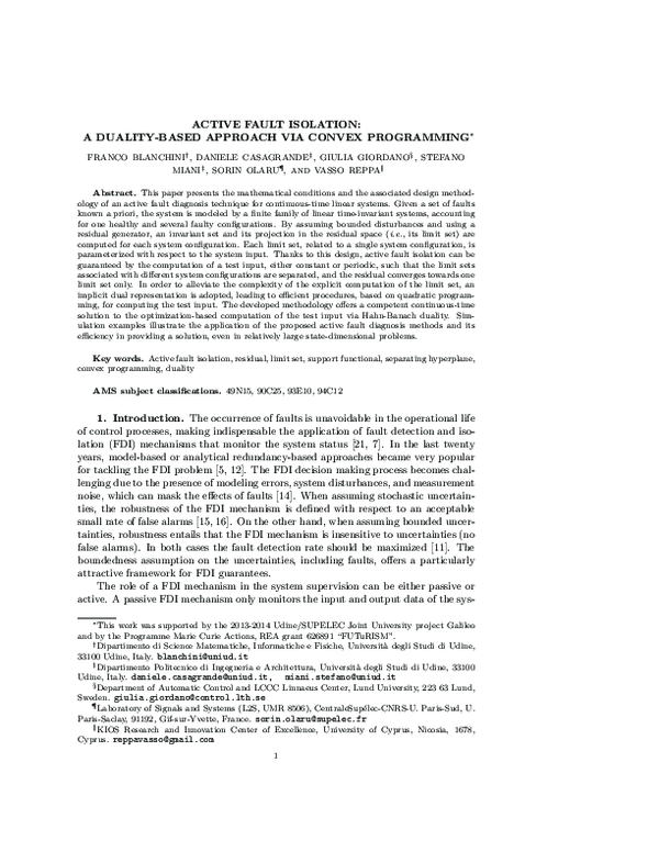 (PDF) ACTIVE FAULT ISOLATION: A DUALITY-BASED APPROACH VIA CONVEX PROGRAMMING