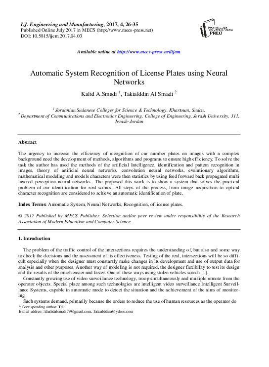 Pdf Automatic System Recognition Of License Plates Using Neural Networks