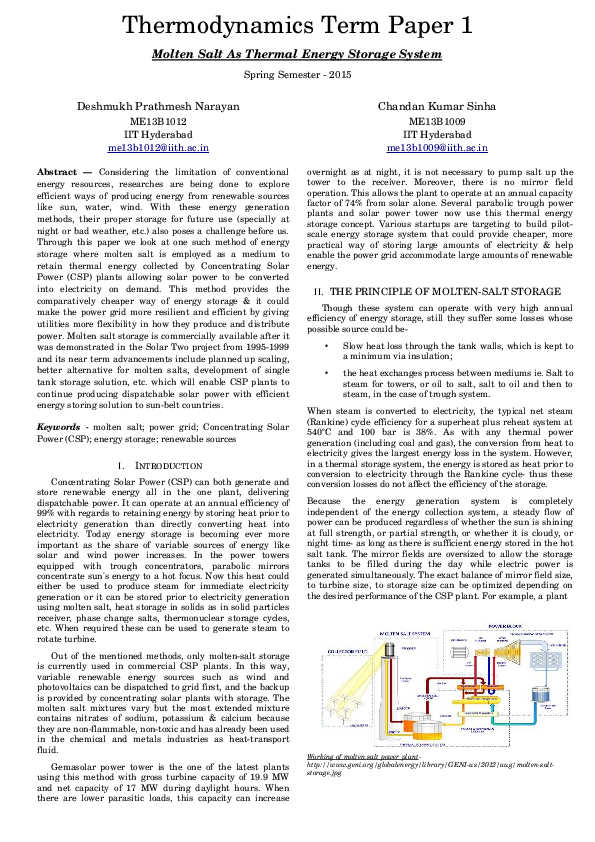 (PDF) Molten Salt As Thermal Energy Storage System | Chandan Sinha ...
