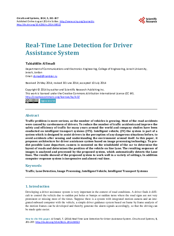 (PDF) Real-Time Lane Detection for Driver Assistance System