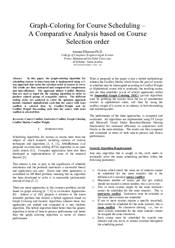 (PDF) Graph-Coloring for Course Scheduling – A Comparative Analysis based on Course Selection order