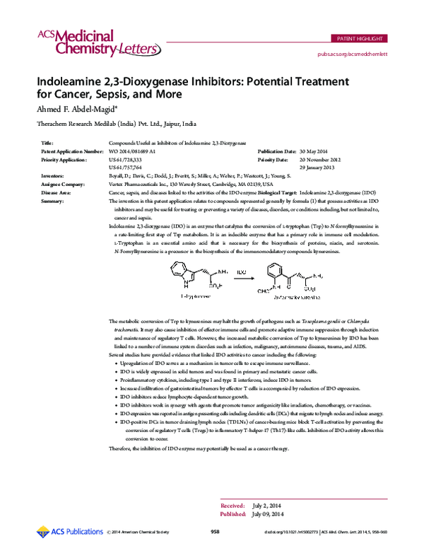 (PDF) Indoleamine 2,3-dioxygenase inhibitors: potential treatment for ...