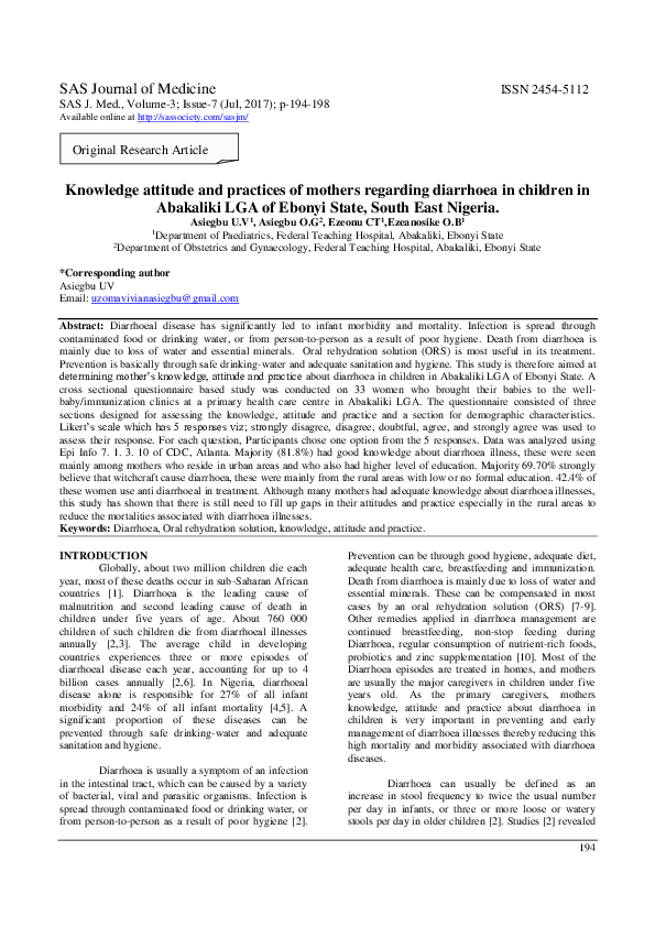 (PDF) A Descriptive Cross-Sectional Assessment of Caregivers’ Knowledge and Practices Regarding ...
