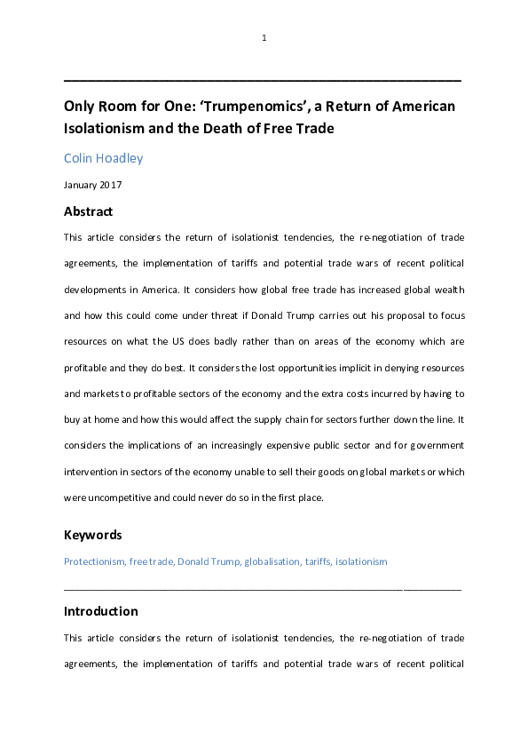 (DOC) Only Room for One Trumpenomics, Return of American Isolationism ...