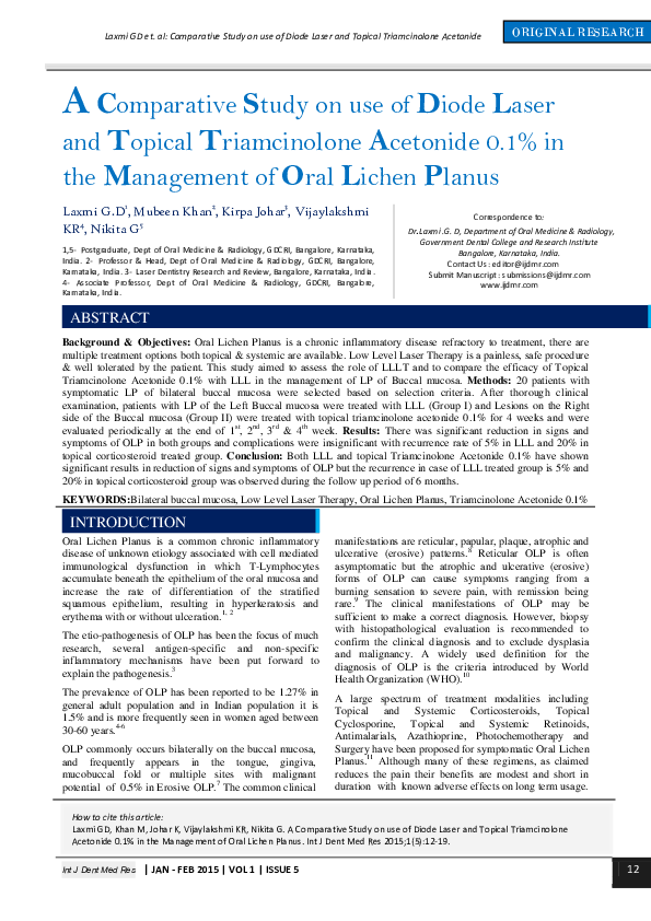(PDF) A Comparative Study on use of Diode Laser and Topical Triamcinolone Acetonide 0.1% in the ...