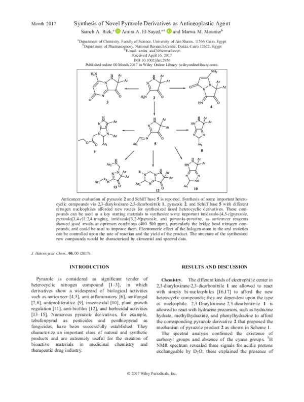 (PDF) Synthesis of Novel Pyrazole Derivatives as Antineoplastic Agent
