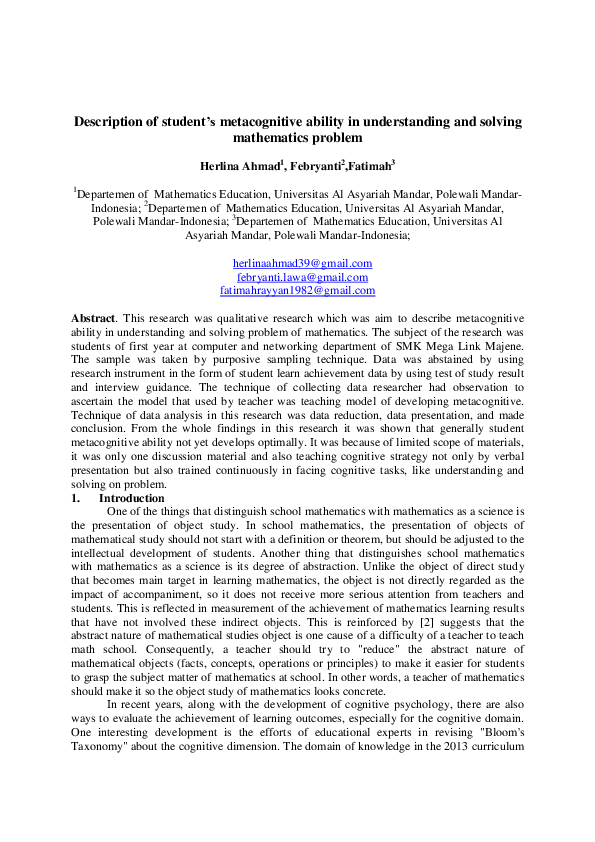 (PDF) Description of student's metacognitive ability in understanding ...