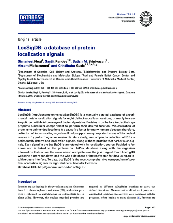 Pdf Locsigdb A Database Of Protein Localization Signals