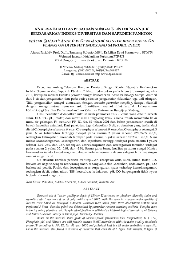 (PDF) ANALISA KUALITAS PERAIRAN SUNGAI KLINTER NGANJUK BERDASARKAN ...