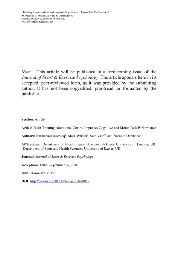 Pdf Training Attentional Control Improves Cognitive And Motor Task Performance Title