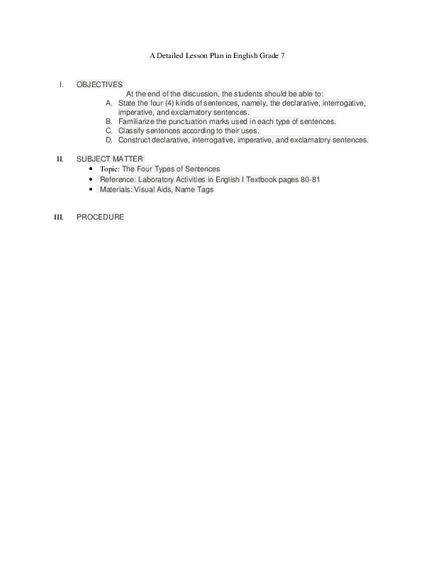 (DOC) A Detailed Lesson Plan in English Grade 7