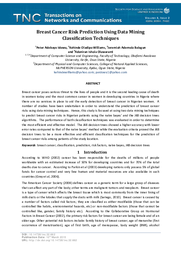 Pdf Breast Cancer Prediction Using Data Mining Classification Techniques