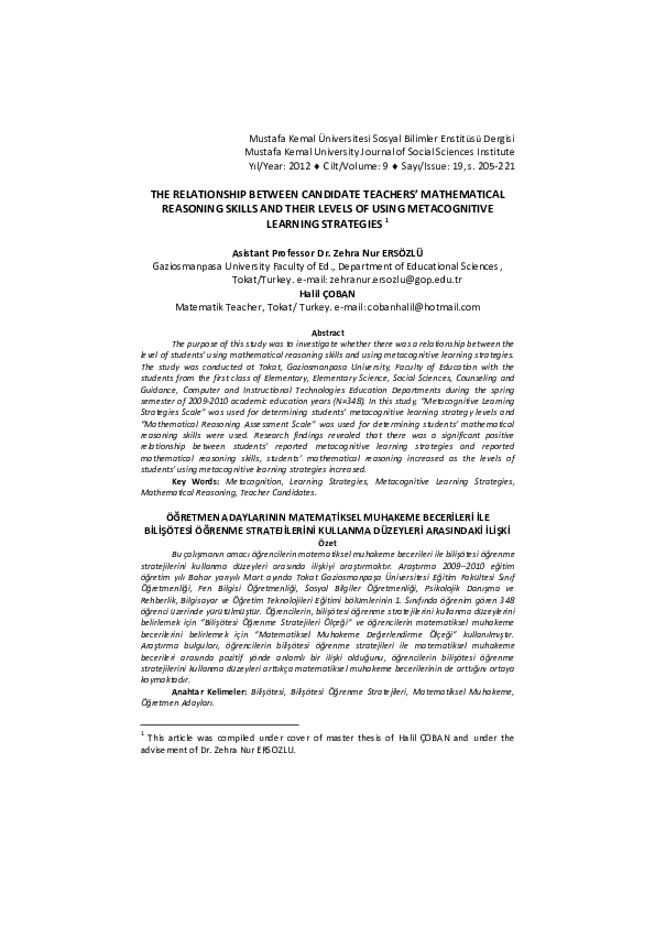 (PDF) The Relationship Between Candidate Teachers’ Mathematical Reasoning Skills and Their ...