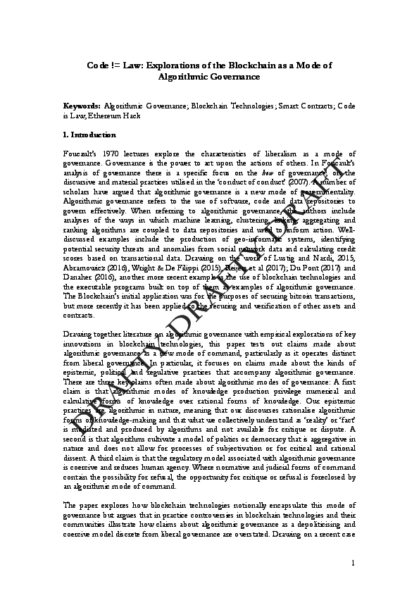 (PDF) Code != Law: Explorations of the Blockchain as a Mode of ...