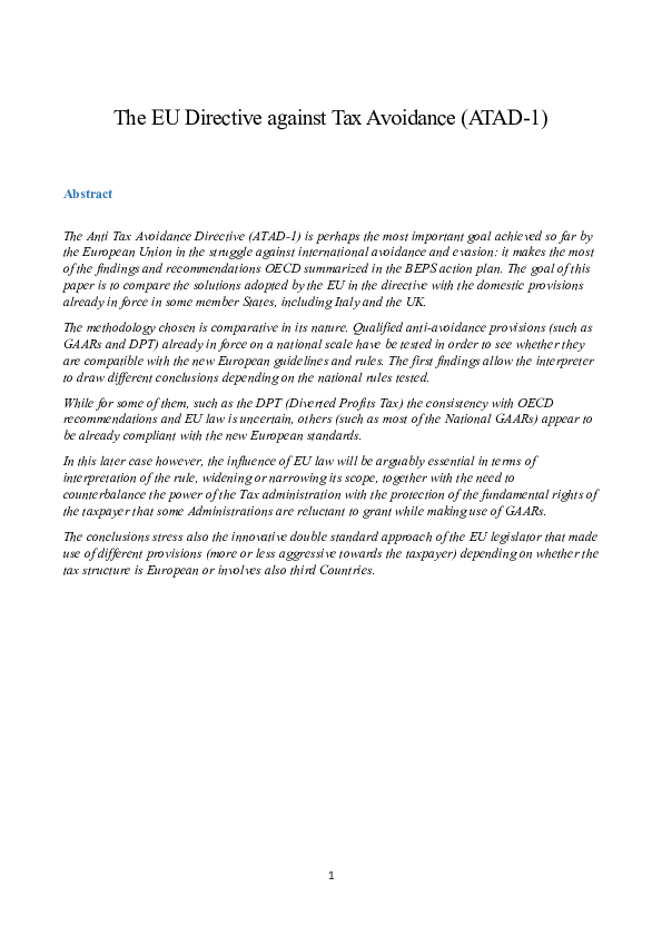(PDF) The EU Directive against Tax Avoidance (ATAD-1)