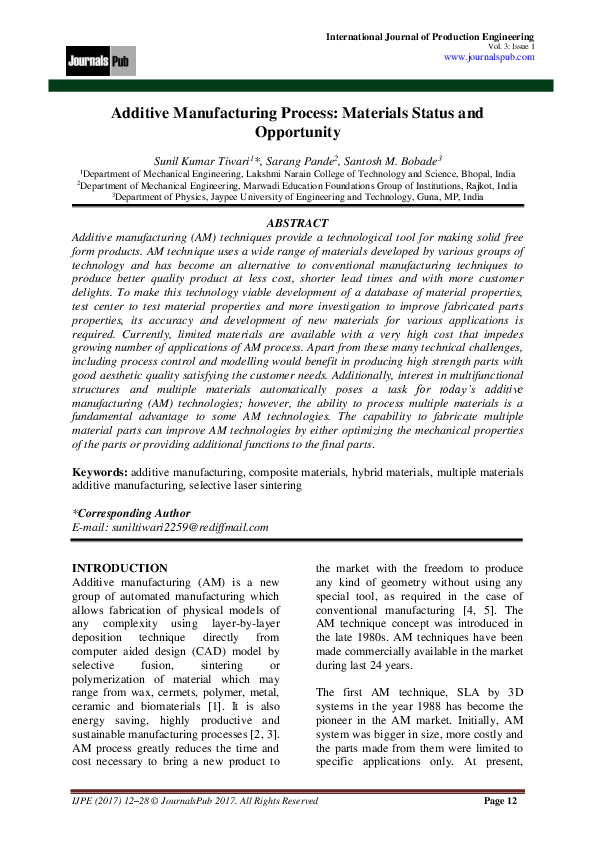 (PDF) Additive Manufacturing Process: Materials Status and Opportunity