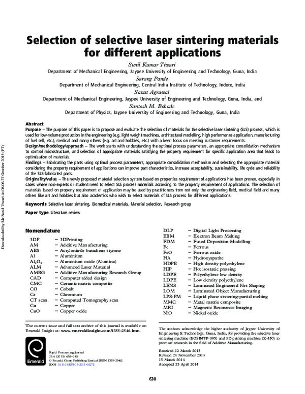 (PDF) Selection of Selective Laser Sintering materials for different ...