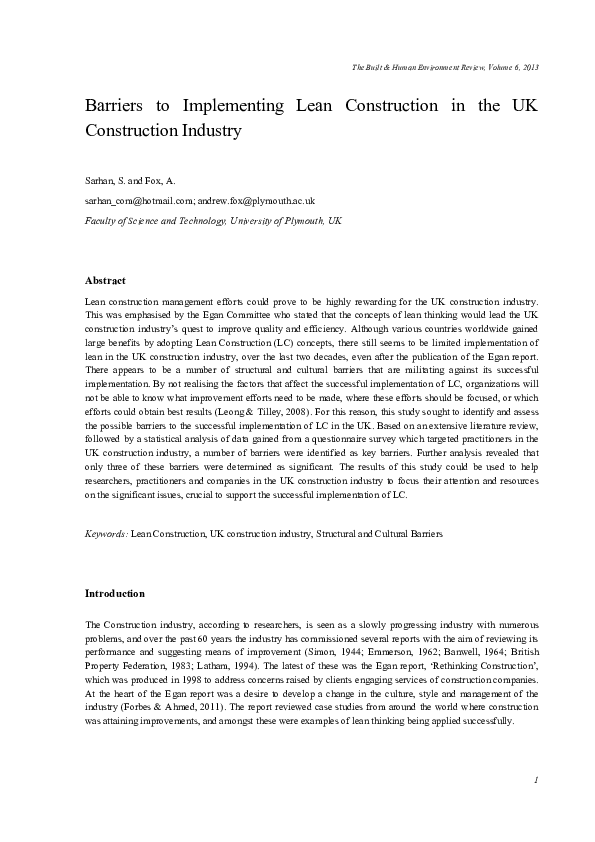 (PDF) Barriers to Implementing Lean Construction in the UK Construction Industry
