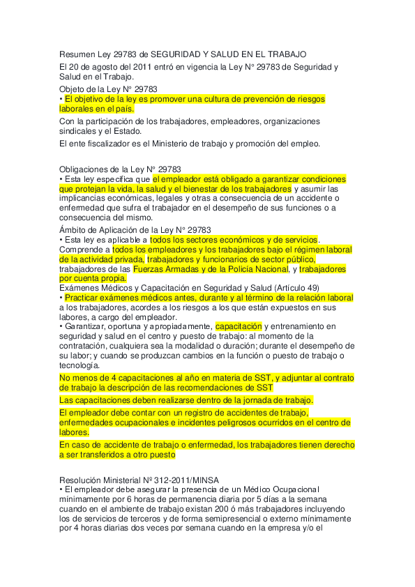 (DOC) Resumen Ley 29783 de SEGURIDAD Y SALUD EN EL TRABAJO