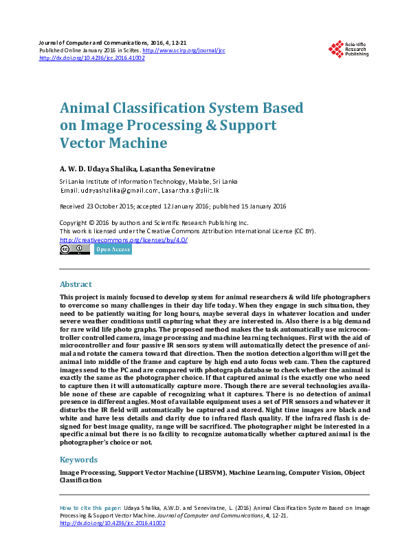 (PDF) Animal Classification System Based on Image Processing & Support ...