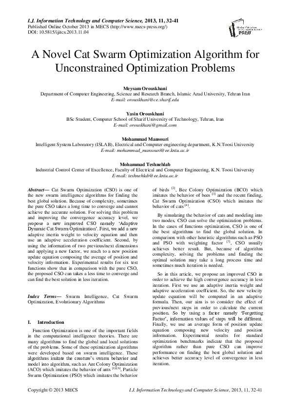 Pdf A Novel Cat Swarm Optimization Algorithm For Unconstrained Optimization Problems 2013