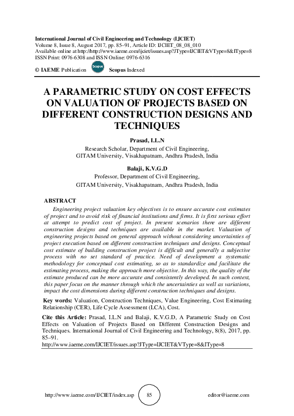 (PDF) A PARAMETRIC STUDY ON COST EFFECTS ON VALUATION OF PROJECTS BASED ...