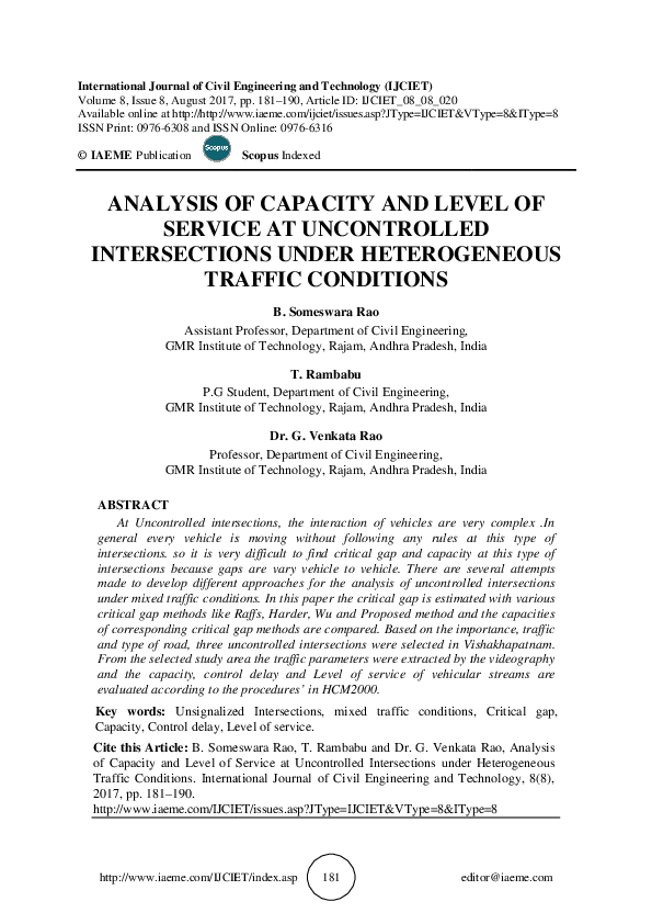 Pdf Analysis Of Capacity Service At Uncontrol Intersections Under Traffic Conditions Analysis