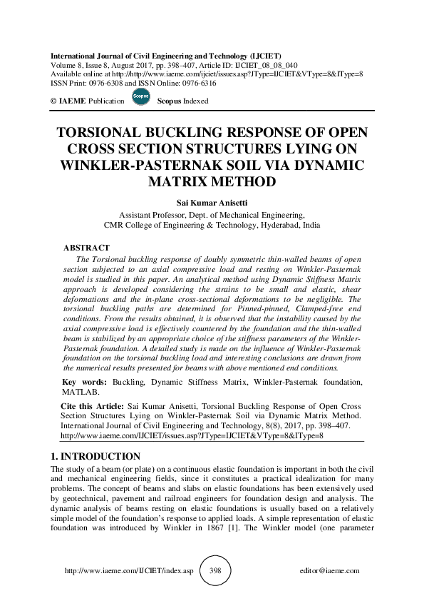 (PDF) TORSIONAL BUCKLING R CROSS SECTION WINKLER-PASTERNAK SOIL MATRIX ...