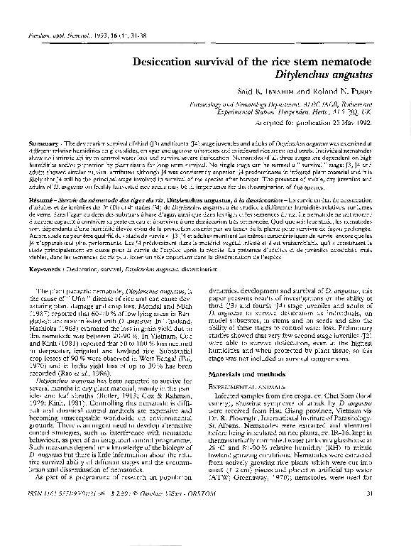 (PDF) Desiccation survival of the rice stem nematode Ditylenchus angustus