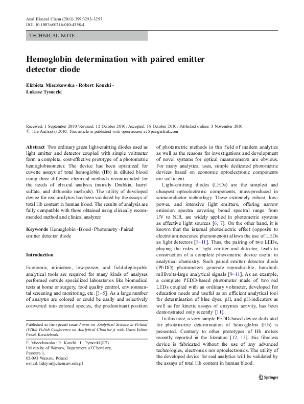 Pdf Hemoglobin Determination With Paired Emitter Detector Diode Łukasz Tymecki